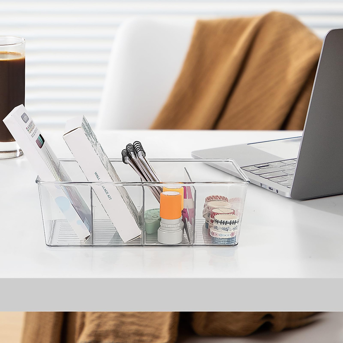 Tesdluy 4 Pack Refrigerator Organizer Storage Bins,3 Removable Dividers Clear Food Grade Plastic Stackable, Easy Pantry Organization for Kitchen, Cabinet, Fridge ﻿