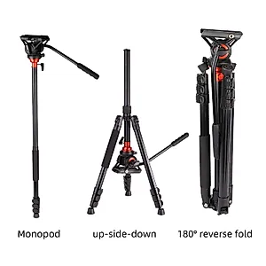 Fluid Head Tripod, COMAN Video Camera Tripod Monopod Aluminium Alloy 70.8 inch for Canon Nikon Sony DSLR Camera Black