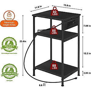SEHERTIWY Nightstand with Charging Station, Living Room Side Table, 3-Tier End Tables with USB Ports and Power Outlets, Bed Side Table/Night Stand, Small End Table for Small Spaces(Black)