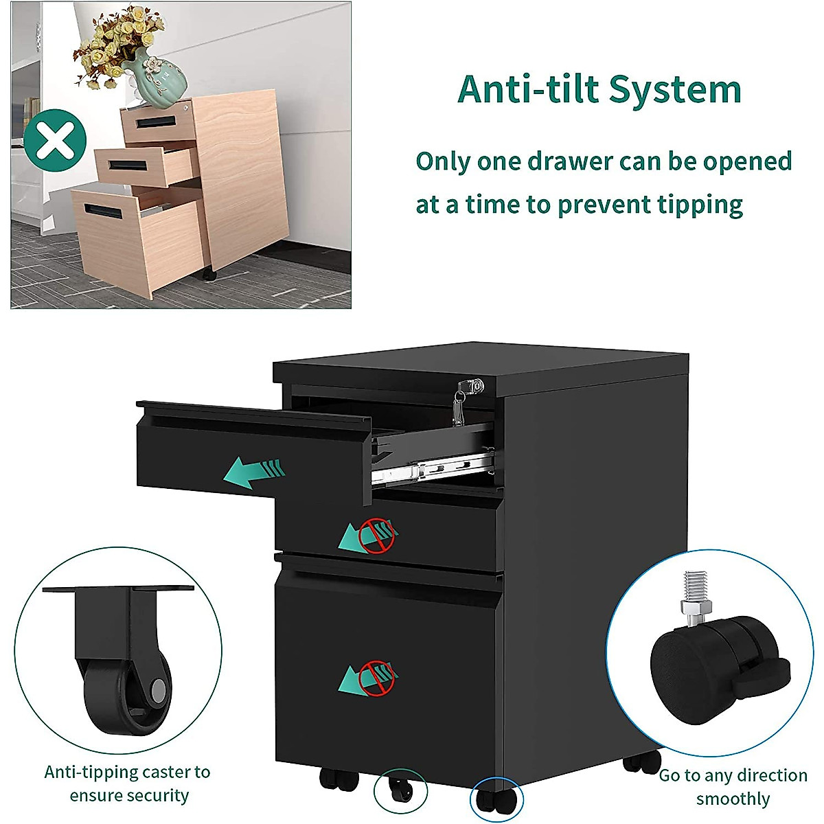 3 Drawer Mobile File Cabinet with Lock, Under Desk Metal Filing Cabinet for Legal/Letter/A4 File, Fully Assembled Except Wheels, Black