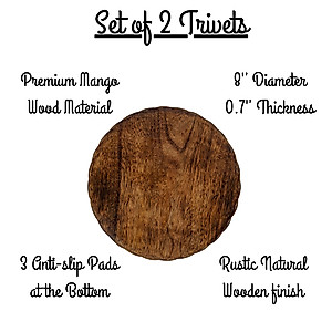 Wooden Trivets for Hot Dishes, Pots, Teapot and Pans (Set of 2) | 8'' Round Trivets with Bark, Heat Resistant Decorative Coasters Thanksgiving, Mothers Day Decor for Table, Kitchen Countertops