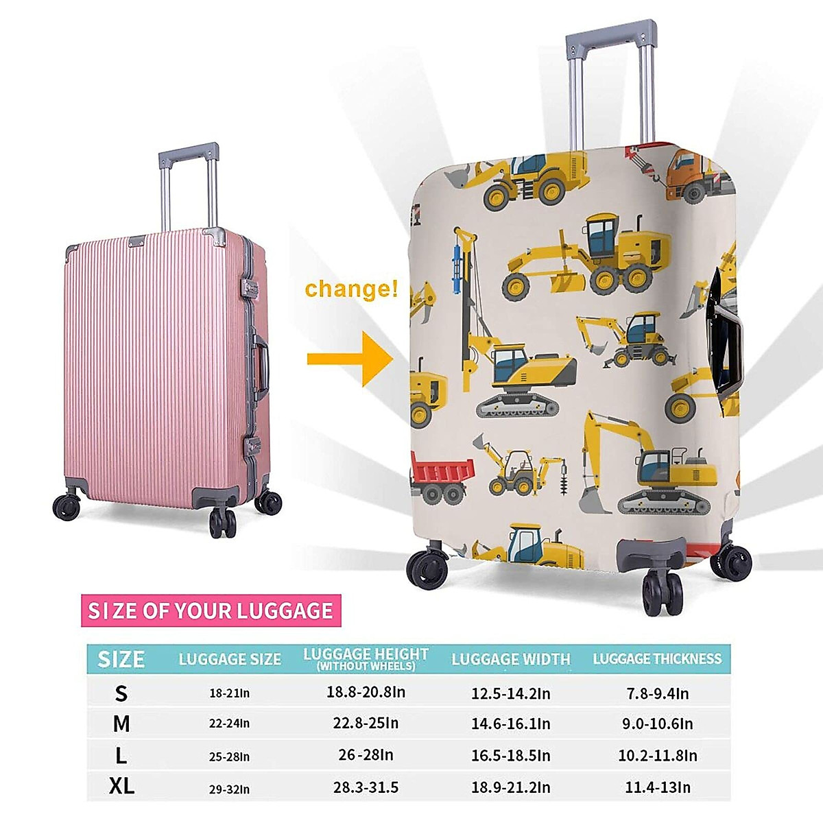 YouQu Excavator Truck Loader Travel Suitcase Cover, Boy's Toy Washable Luggage Cover S - Fits 18-21 inch luggage(No Suitcase)