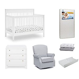 Delta Children Remy Crib 7-Piece Baby Nursery Furniture Set–Includes: Convertible Crib, Glider, Dresser, Changing Top, Crib Mattress, Sheets, & Changing Pad, Bianca White