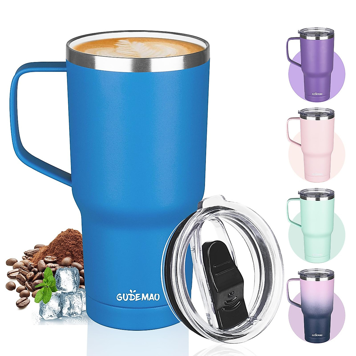 20 oz Insulated Coffee Mug with Ceramic Coating, Stainless Steel Travel Mug Tumbler with Handle Lid and Straw, Double Wall Leak-Proof Thermos Coffee Travel Mug Keeps Drink Hot and Cold (Blue)