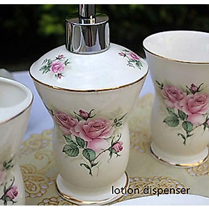 JruF Ceramic 5 Piece Set Bathroom Accessories Set, Bath Set Bathtub Set Soap Dispenser,Toothbrush Holder, Soap Dish, Tumbler Decoration, Gift Set,Pink Rose Flowers