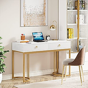 Tribesigns 47 inch White and Gold Computer Desk with 2 Drawers, Modern Simple White Vanity Desks Makeup Table with Heavy Duty Golden Metal Frame Handles for Home Bedroom (Without Mirror)