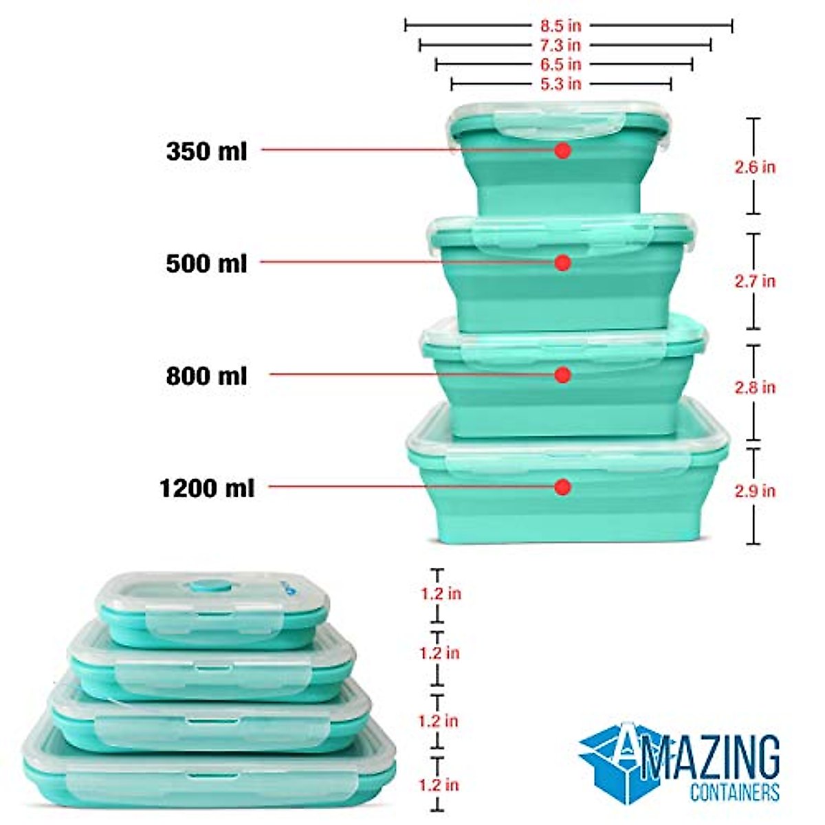 Collapsible Silicone Food Storage Container Set of 4 with Lids | Stackable - Space Saving | Microwaveable | Freezer, Dishwasher Safe| BPA Free|Collapsible Leftover or Meal Prep Lunch Box Containers