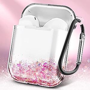 NZND Glitter Liquid Case Compatiable with Apple AirPods 1/2, Sparkle Flowing Floating Durable Girls Women Kids Cute Clear Hard Cover Carrying Case -Rose Gold