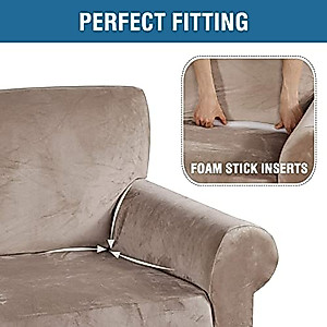 ENOVA FLORAL Sofa Slipcover Couch Covers, Ultra Soft Thick Stretch Velvet Fabric Sofa Slipcover 3 Seater Couch Covers, Sofa Durable Furniture Protector for Living Room (Taupe)