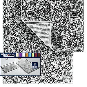 Yimobra 2 Piece Bathroom Rugs Set, Luxury Chenille Bath Rug Mat, Soft Absorbent Plush Bath Mat, Non Skid Washable Bathroom Floor Mat (31.5 x 19.8 + 24 x 17 Inches, Grey)