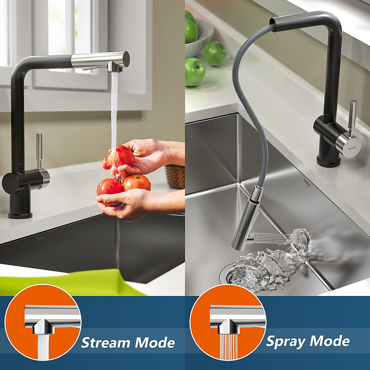 TORVA Black Pull Down Kitchen Faucets, Stainless Steel Kitchen Sink Faucet with Pull Out Sprayer Single Handle with Deck Plate, Matte Black