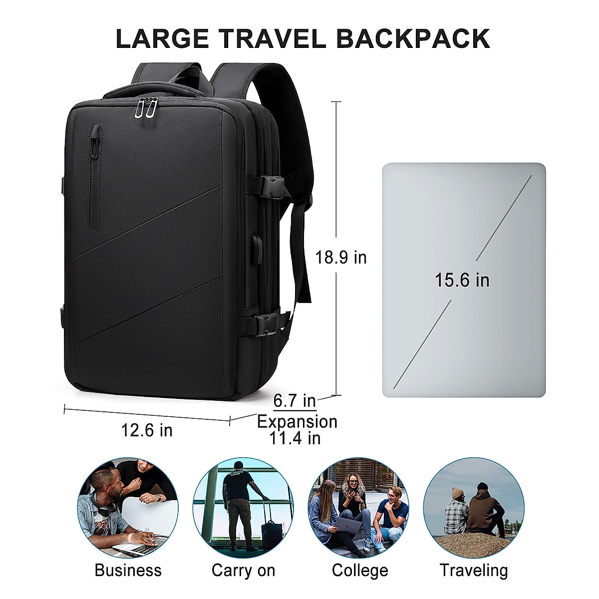 Men Carry on Travel Backpack 40L,Hiking Backpack Waterproof for Women, Lightweight School Casual Daypack Laptop Backpack with Expandable Airplane Approved 15.6 inch Laptop Compartment USB Charge Port