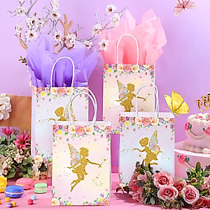 16 Pieces Floral Fairy Gift Bags with Tissue Paper Pink and Purple Floral Fairy Goodie Gift Treat Bags Spring Themed Bags Butterfly Baby Girl Paper Bags for Girl Kid Birthday Baby Shower Party