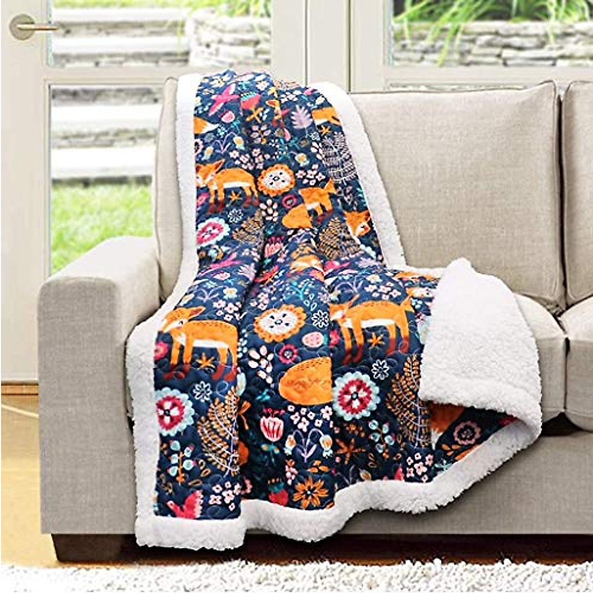 Lush Decor Pixie Fox Throw Fuzzy Reversible Sherpa Blanket 60” x 50” Navy
