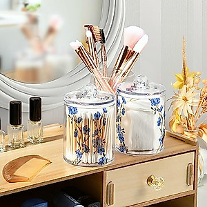 Sletend 2 Pack Plastic Qtips Holder Floral Flower Bathroom Organizer Canisters for Cotton Balls/Swabs/Pads/Floss,Plastic Apothecary Jars for Vanity