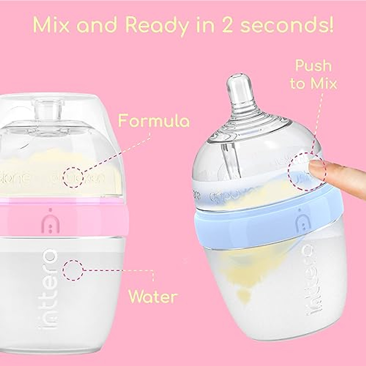 INTTERO 6oz Pink Formula Dispenser Anti-Colic Baby Bottles - 2 Pack/Slow Flow (Cute Pink) — Everyday Baby Essential — Formula Bottle On The Go — Biberones para Formula — Pop Yummy Baby Mixie Brezza