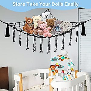Stuffed Animal Net Or Hammock With Led Light, Animal Hammock Corner Holder, Toy Plush Net Wall Hanging Net Storage Ideas Organizer, For Nursery Play Room Kids Bedroom (Black)