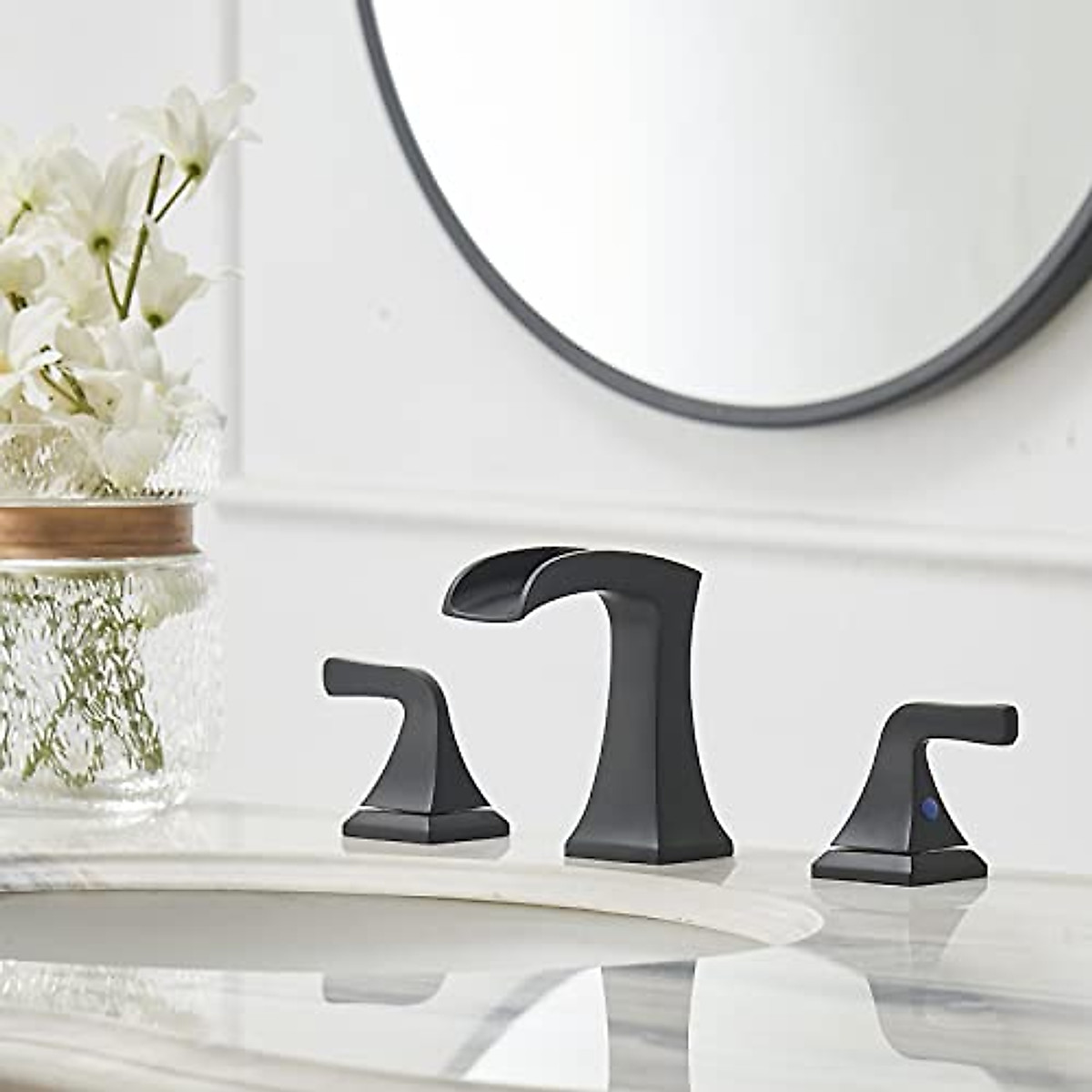 Bathfinesse 3 Hole Widespread Bathroom Faucet Two Handle 8 Inch Matte Black Bathroom Sink Faucets & Parts with Pop Up Drain Assembly Deck Mount Lacquer Vanity Stylish Modern Supply Hose Lead-Free