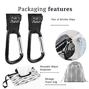 Kiki Babies 2-Pack Stroller Hooks for Bags, Multifunctional Stroller Clip, Diaper Bag Hook, Heavy Duty Carabiner Hanger, Extra Large for Baby Accessories, Bonus Wipes Case & Bag