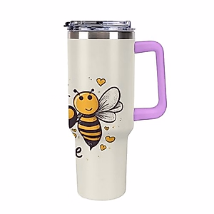 FHENMSA 40 Oz Insulated Coffee Mug Tumbler with Handle,Bee Love Honey Print Insulated Tumbler,Stainless Steel Travel Mug with Lid And Straw