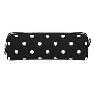 Ykklima Leather Pencil Case - Polka Dot Black and White Simple Pattern, Stationery Bag Pen Organizer Makeup Cosmetic Holder Pouch for School Work Office College