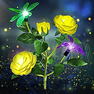 TYNLED Solar Lights Outdoor Decorative, Waterproof LED Multi-Color Changing Outdoor Solar Garden Statues Decor Lights Rose Flowers Solar Stake Lights Hummingbird Dragonfly for Garden Yard (Yellow)