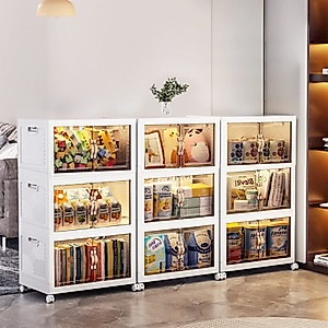 HPONQIONE Foldable Plastic Storage Box With Wheels and Doors XLLarge Storage Bin with Lid Organizers Stackable Storage Bins, Closet Organizers Double Door Magnetic with Universal Pulley(8.4Gal-3Pack)