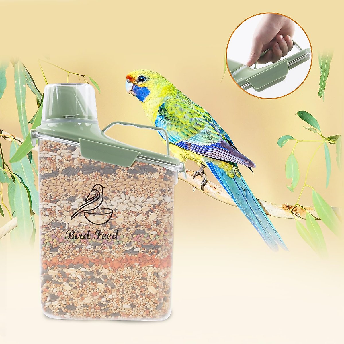 Ctomche Bird Seed Storage Container,2.8L Airtight Bird Food Container with Handle and Measuring Cup,Portable Pet Food Container for Wild Bird Sunflower Seed-BPA Free Transparent/Green