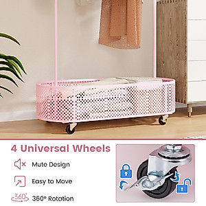 Costzon Kids Clothing Rack, Height Adjustable Kids Dress Up Storage for Hanging Clothes, Metal Garment Rack with Storage Basket, Wheels, Clothes Rack for Kids Room, Playroom, Bedroom (Pink)