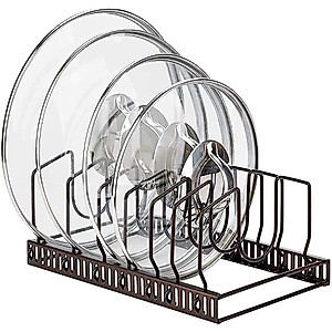 Toplife Adjustable 10+ Pans Organizer Rack + 7+ Lids Organizer Rack + 10+ Bakeware Organizer Rack for Kitchen Cabinet and Counter, Brown