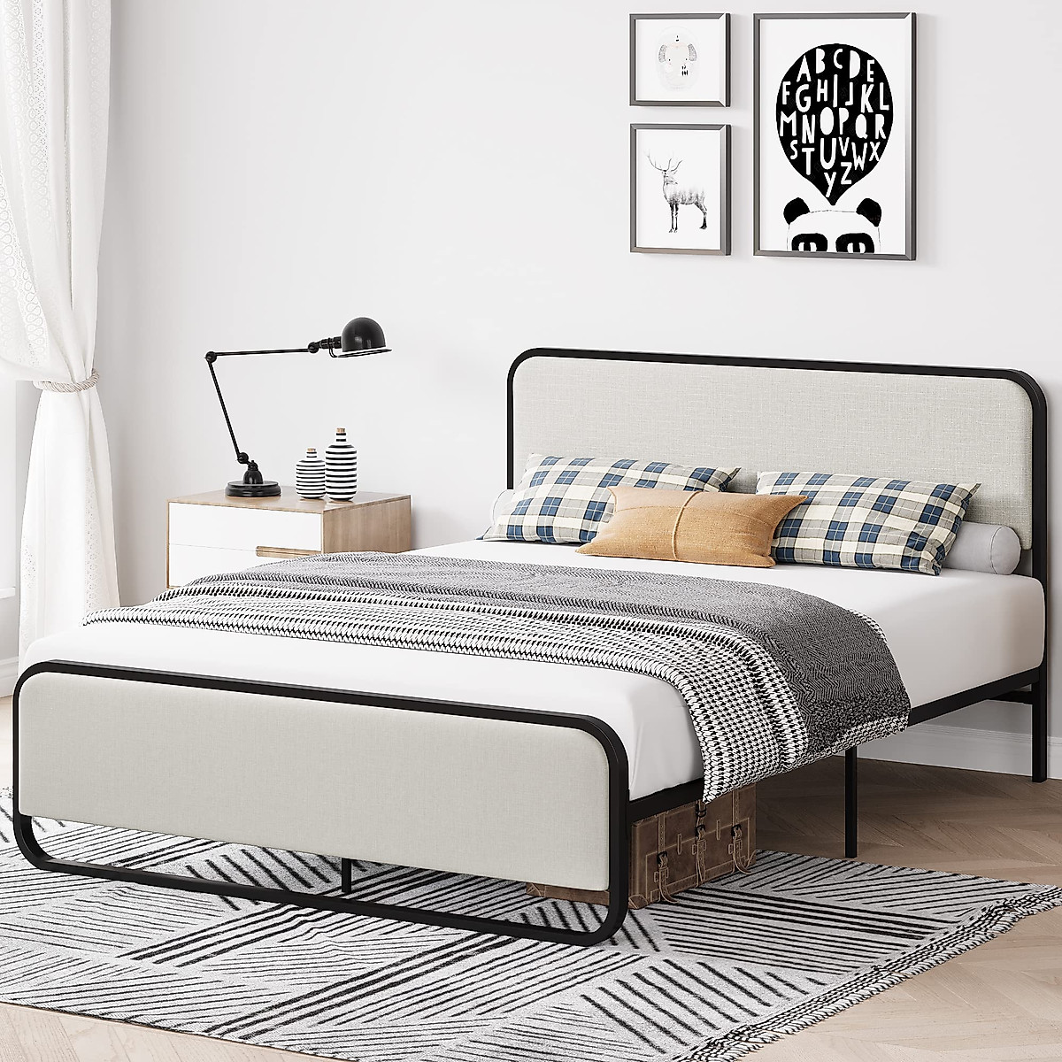 Homhougo Queen Size Bed Frame with Upholstered Headboard and Footboard,10.3'' Underbed Space, Curved Design, Strong Slats Support, Box Spring Optional, Beige