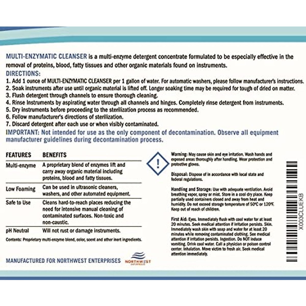 NORTHWEST ENTERPRISES Multi-Enzymatic Ultrasonic Cleaner Solution for Surgical Instrument and Equipment Reprocessing. Concentrated. One Gallon.