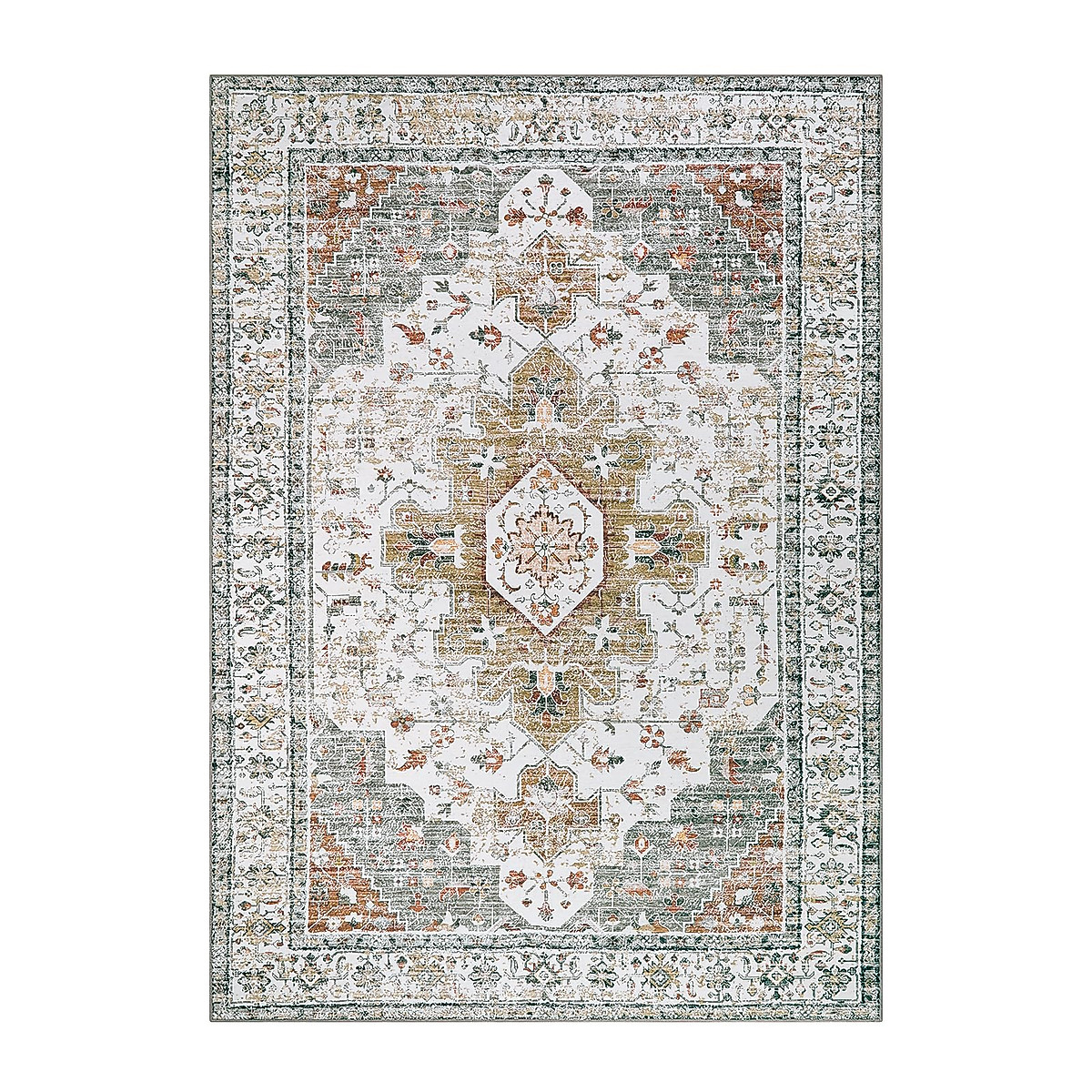 Moynesa Ultra-Thin Washable Area Rug - 5x7 Rugs for Living Room Washable Rugs for Bedroom Soft Office Mat, Printed Low Pile Accent Dining Room Carpet for Basement Nursery Playroom, Beige/Gold