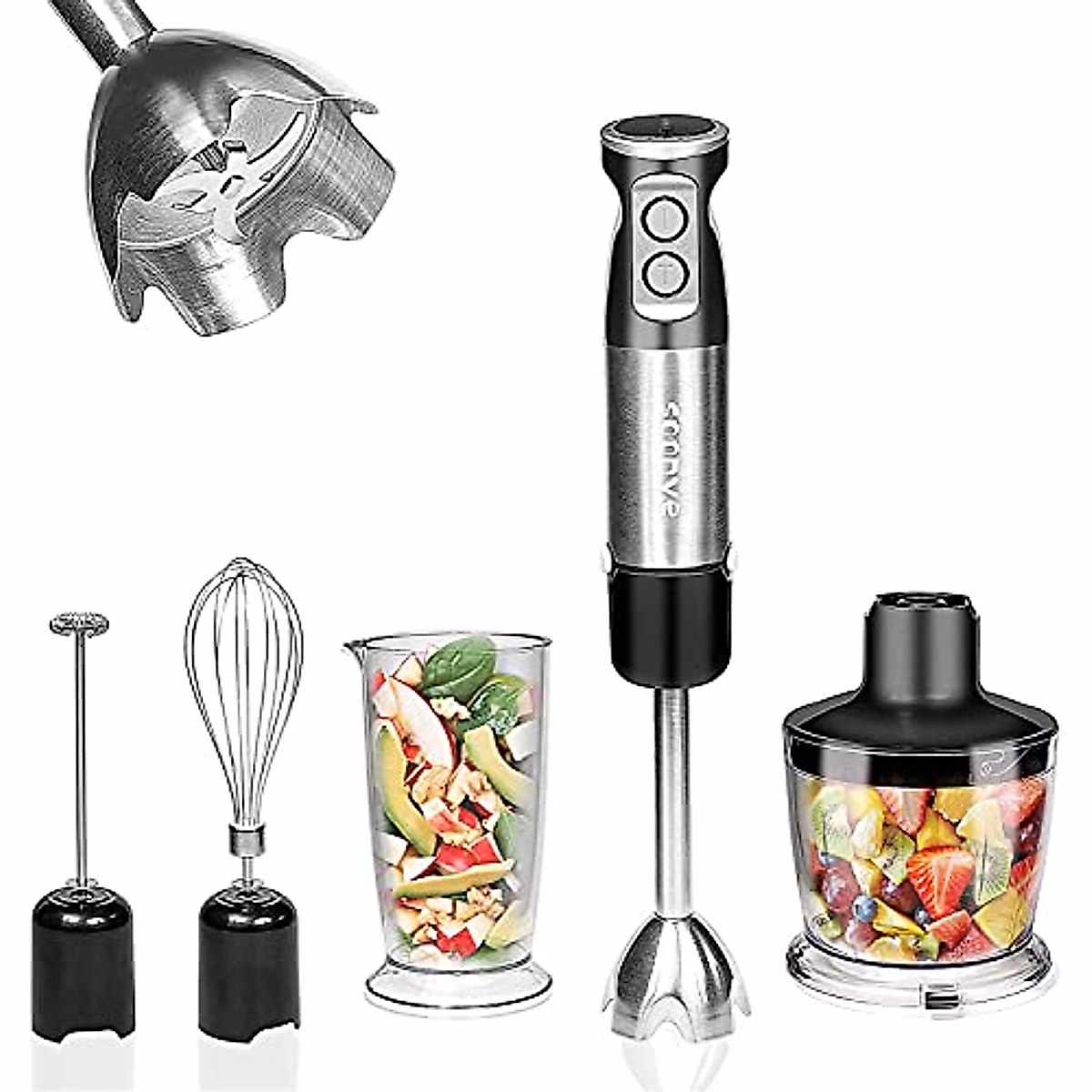 Soonye Immersion Hand Blender, Multifunctional 5-in-1 304 Stainless Stick Blender With 500ml Food Grinder, 600ml Container, Milk Frother, Egg Whisk, BPA-Free, black