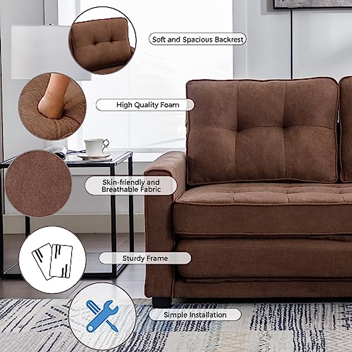 Sleeper Loveseat Pull Out Bed Convertible Sofa Bed with Side Pocket Modern Upholstered Small Sectional Sleeper Sofa Pull Out Couch for Living Room Office, 59.4", Brown