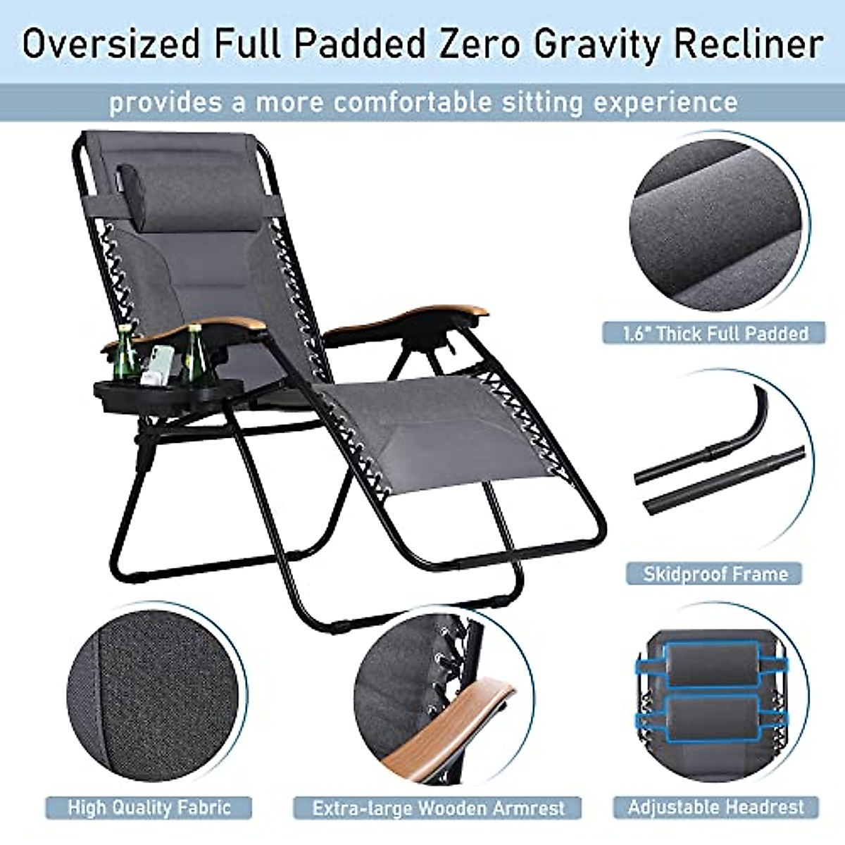 PHI VILLA Oversize XL Padded Zero Gravity Lounge Chair Family Lovers Pack with Wide Armrest Foldable Recliner, Set of 2, Support 400 LBS (Light Grey)