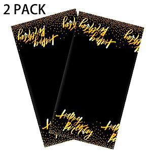 Aneco 2 Pack Happy Birthday Table Cloth Cover Black Gold Party Durable Tablecloth 54 x 108 Inches for Parties Birthdays Weddings