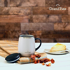 GRANDTIES Insulated Coffee Mug with Handle - Sliding Lid for Splash-Proof 16 oz Wine Glass Shape Thermos Tumbler with Double Walled Vacuum Stainless Steel to Keeps Beverages Hot or Cold - Pearl