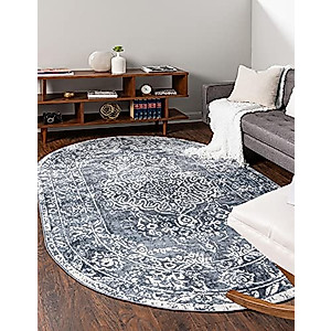 Unique Loom Oxford Collection Area Rug - Bodleian (8' x 10' Oval, Blue/ Ivory)