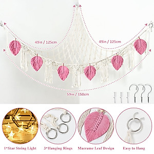 Dremisland Stuffed Animal Toy Net Hammock with Star Light Boho Leaf Macrame Tassel Corner Toy Organizer Bohemian Woven Decor Display Holder for Girls Room Nursery Kids Bedroom Play Room Decor (Pink)