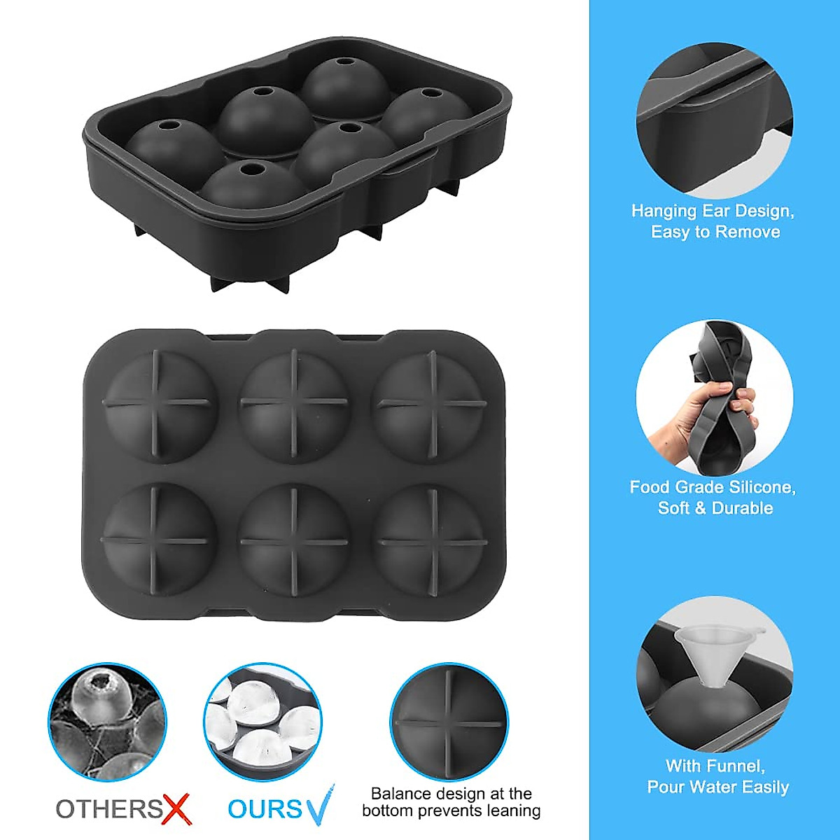 Silicone Ice Cube Trays Round Ice Cube Mold Spheres Ice Ball Maker (6 Round Ice Ball Black)