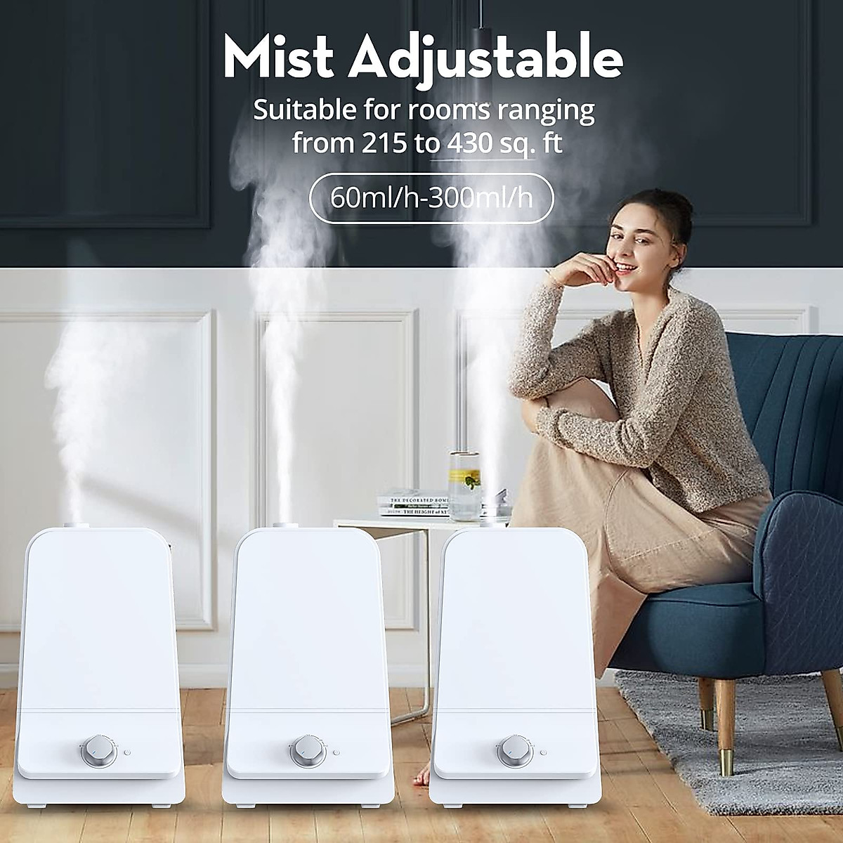 Humidifiers for Large Room, 6L Cool Mist Humidifier, 26dB Quiet Ultrasonic Humidifiers for Bedroom Home Office, 20-60 Hours, 360° Nozzle,Night Light, Auto Shut-Off and Easy to Clean