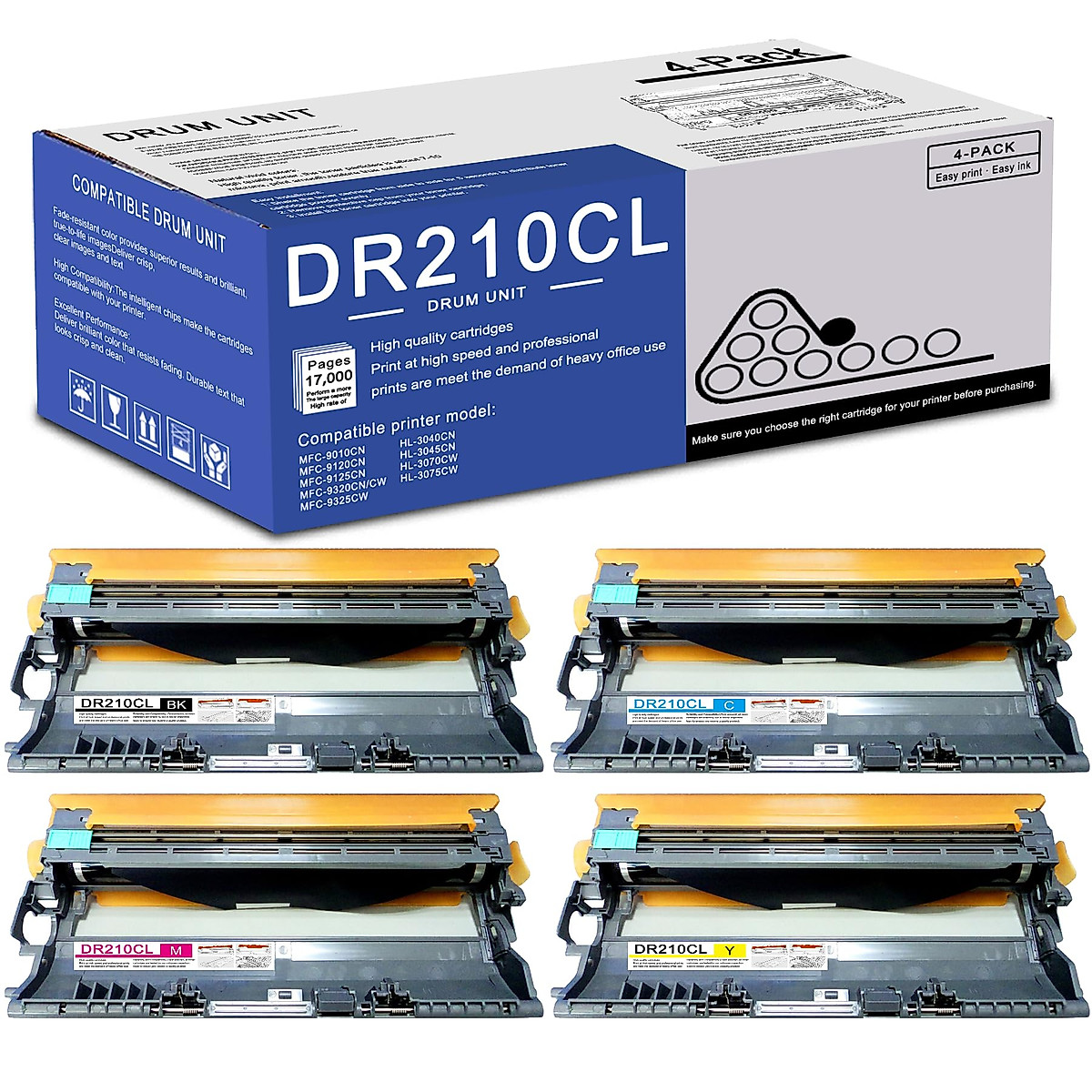 4 Pack DR210CL BK/C/M/Y Drum Unit High Yield Compatible DR210CL Replacement for Brother HL-3040CN 3045CN 3070CW 3075CW MFC-9010CN 9120CN 9125CN 9320CN/CW 9325CW Printer
