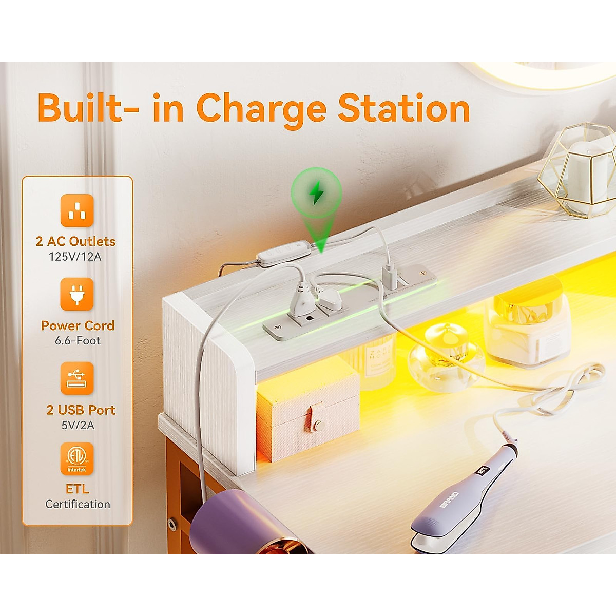 AODK Vanity Desk with Vanity Chair, Makeup Vanity with LED Lights, White Small Vanity Desk Without Mirror, 32 Inch Makeup Table for Small Space with 2 Fabric Drawers, Desk Make Up Vanity for Girls