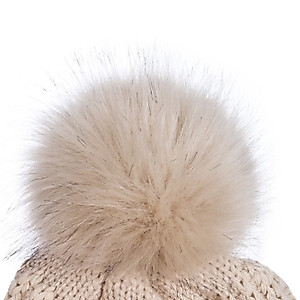 Beanies Women with Pom, Winter Hats for Women with Thick Warm Fleece Lining Cold Weather, Beanie Hats for Women Knit Slouchy(Black+Oatmeal)