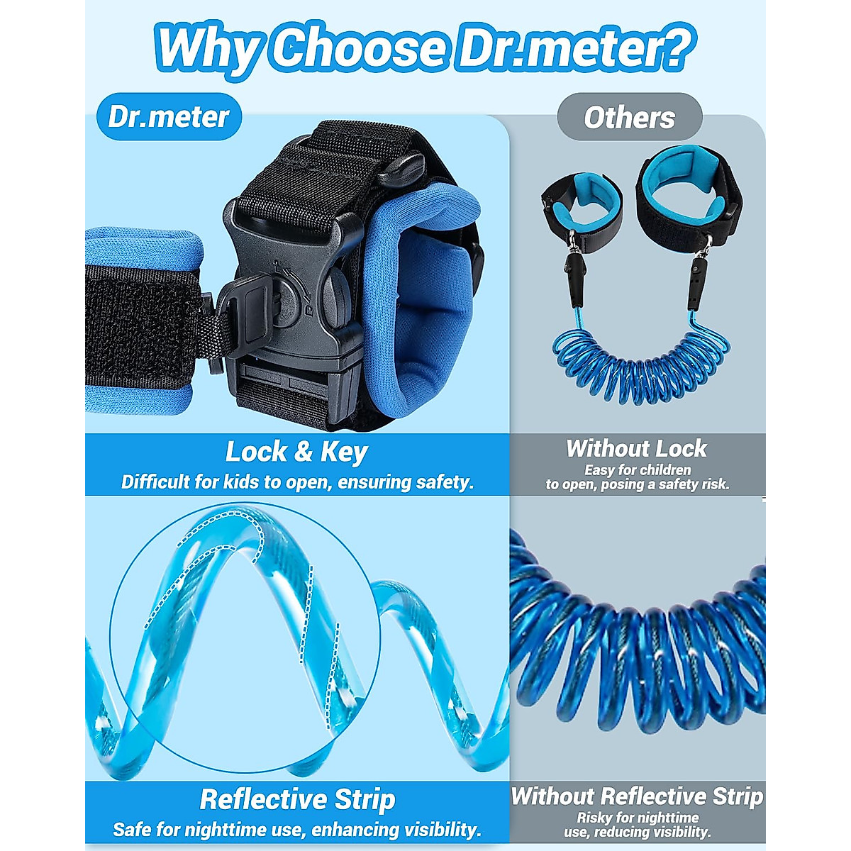 Dr.meter Toddler Leash, 2 Pack Safety Anti Lost Wrist Link with Key Lock, Reflective Child Walking Harness, 8.2ft Blue + 4.92ft Orange Kids Leash for Supermarket Mall Airport Amusement Park Zoo Travel