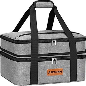 ASXSONN Double Decker Insulated Casserole Carrier for Hot or Cold Food, Expandable Insulated Food Carrier for Parties, Picnic, Beach, Fits 9"x13" Baking Dish (Grey)