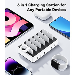 Honcila Charging station for multiple devices, 50W 6 Ports Multi Charger Station Charging Dock with Groove Design and 6 Mixed Charging Cables for iPhone, iPad, Kindle, Tablet, Cellphone and Others