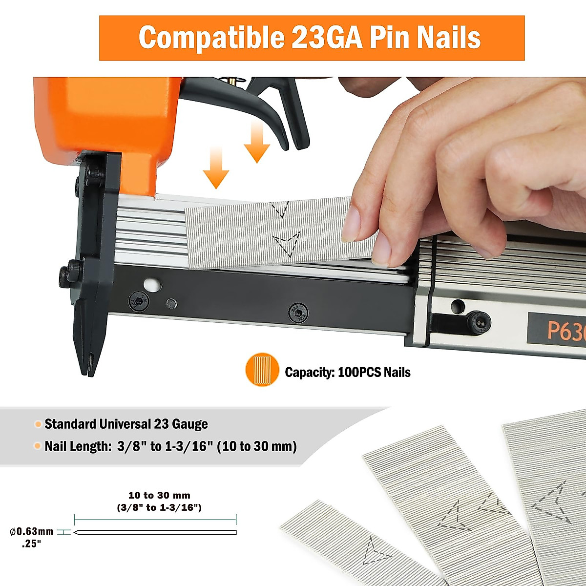 P630 Pneumatic 23 Gauge Pin Nailer Accepts 3/8" to 1-3/16" Pin Nails, Headless Pin Nail Gun with Trigger Safety, Micro Pinner Gun for Assembly and Woodworking Projects