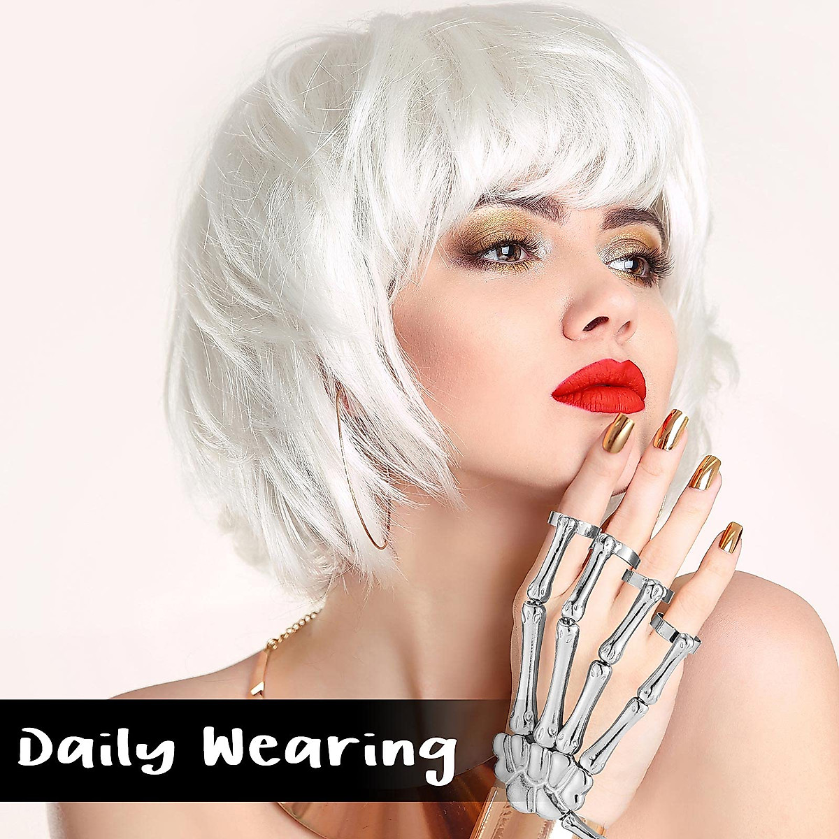 Hicarer 2 Pcs Skeleton Hand Bracelet with Finger Ring Metal Steampunk Skull Bracelet Gothic Skull Bracelet Adjustable Skeleton Hand Jewelry Skull Finger Wristband for Men Women Cosplay